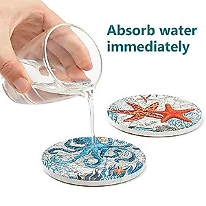 8 Pieces Stone Coasters with Holder for Drinks, Cork Base Ocean Beach Theme Tropical, for Housewarming, Apartment Kitchen Room Bar Decor, Funny Birthday, Wooden Table