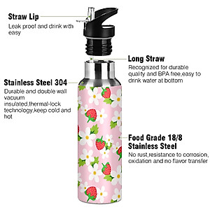 xigua 20oz Pink Strawberry White Flower Insulated Sport Water Bottle with Straw Lid Stainless Steel Vacuum Cup Leakproof Thermal Bottles 600ml