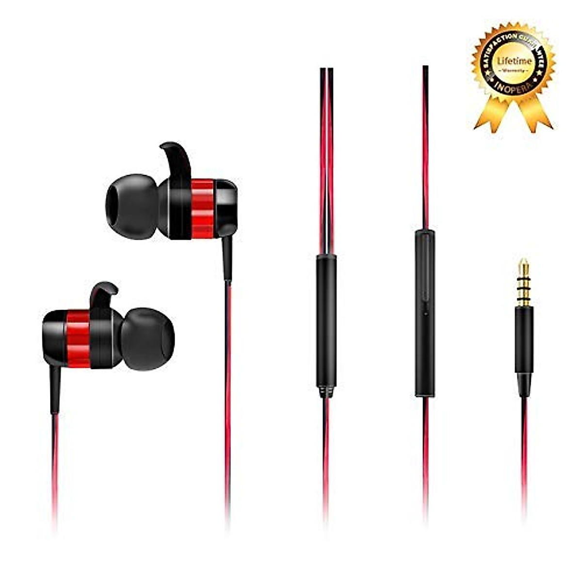 [Upgrade] inOpera Audio A1 Headphones Wired Earbuds in-Ear Noise Isolating Heavy Deep Bass Earphones with Microphone and Volume Control for Workout Sports Jogging Gym (Red/Black)