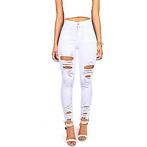 Vibrant Women’s Denim Skinny Jeans – Stretch High Waisted Raw Edges Heavy Distressed Ripped Casual Slim Fit Pants VP1213 White 9