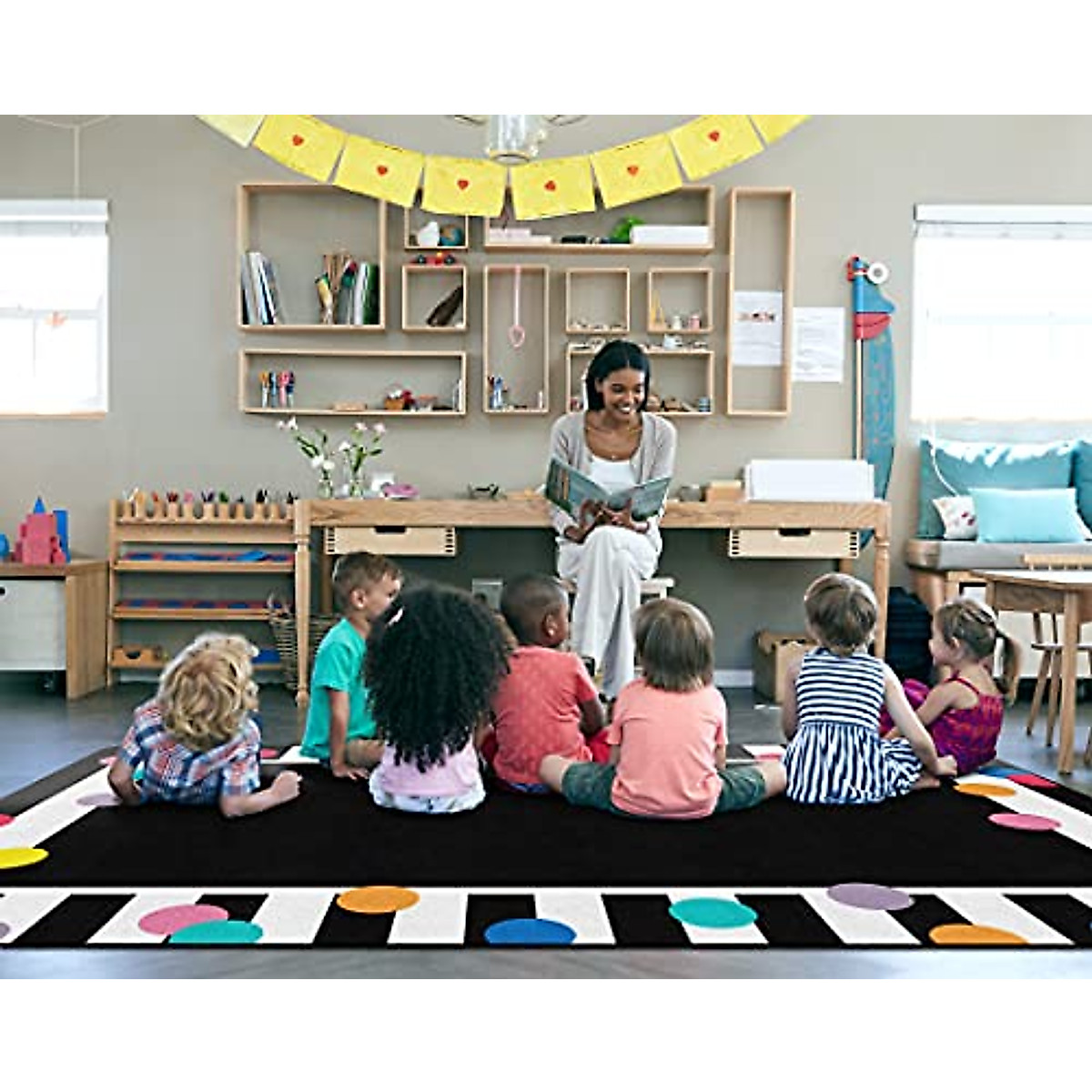 Flagship Carpets Schoolgirl Style Just Teach Bright Polka Dot Border Classroom Area Rug for Indoor Classroom Learning or Kid Bedroom Educational Play Mat, 5'x7'6", Multi