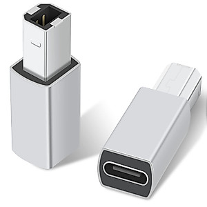 Duttek USB C to USB B Adapter 2Pack, USB C to Midi, USB C Female to USB B Male Adapter Connector for Printers, Mice, Keyboards, Eectric Pianos (Silver)