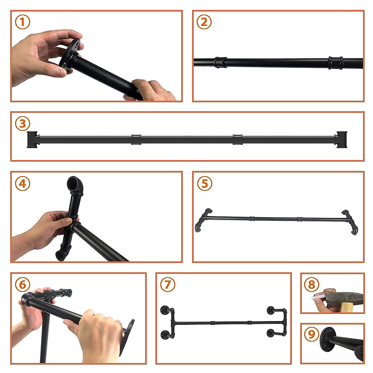 MY RUSTIC Industrial Pipe Clothes Rack-43 Inch, Heavy Duty Detachable Wall Mounted Black Iron Garment Bar, Multi-Purpose Hanging Rod for Closet Storage, Black- 43" L (43" L x 12" W) 41 (black 2)