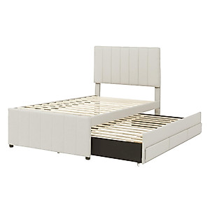 FEELHOME Upholstered Platform Bed, Twin Size Wooden Bed Frame with Pull-Out Twin Size Trundle and 3 Drawers, Wood Slat Support, No Box Spring Needed, Linen Fabric, Beige