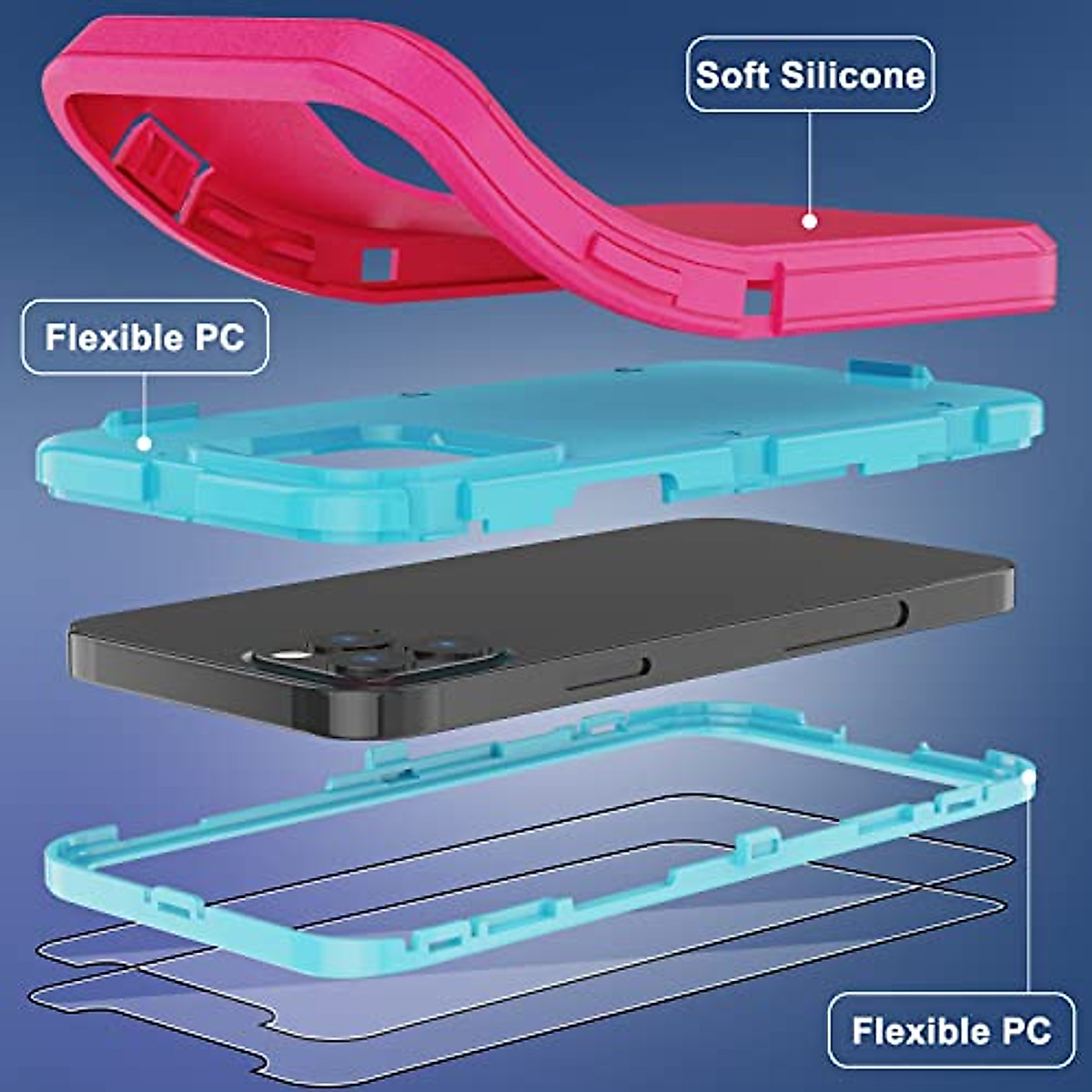 Annymall for iPhone 13 Pro Max Case with 2 Screen Protector Heavy Duty Shockproof Dropproof 3-Layer Protective Full Body Rugged Military Phone Cover for Apple iPhone 13 Pro Max (Pink/Blue)