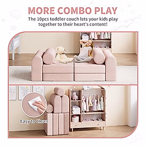 DEYGIA Modular Kids Play Couch, 10PCS Kids Modular Couch with 2 Arches and 2 Round Handrail, Kids Couch for Playroom, Modular Kids Couch for Boys and Girls, Modular Couch Kids (Pink)
