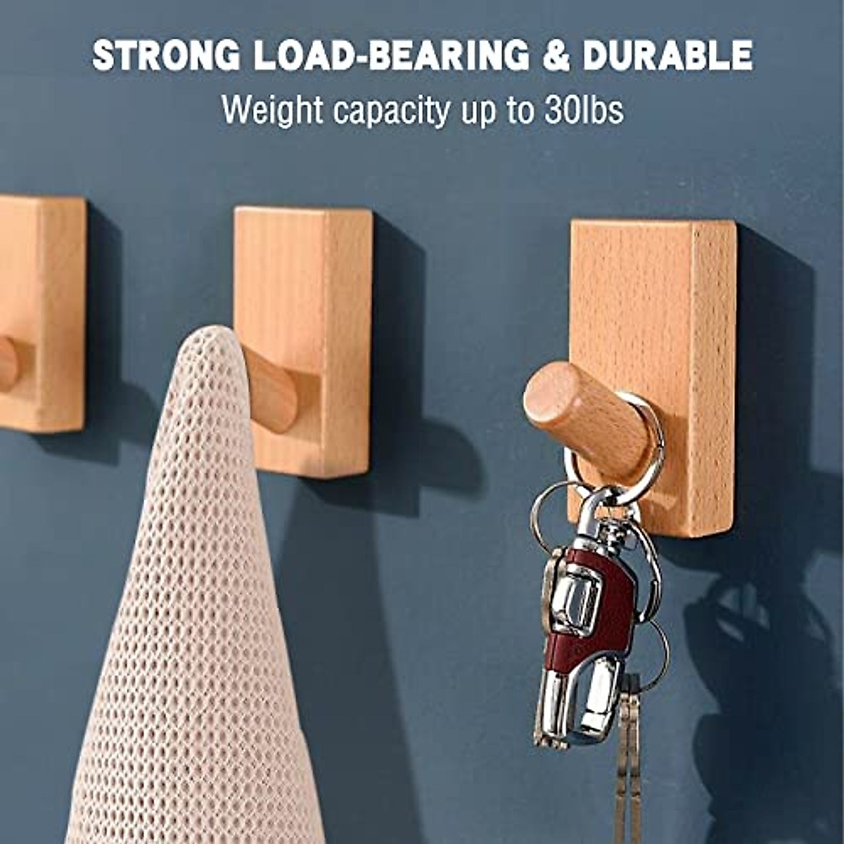 QUELLANCE Wood Wall Hooks for Hanging - 4 Pack Utility Hooks Coat Hooks Wall Mounted, Robe & Towel Hooks for Bathroom, Natural Handmade Hat Hooks Heavy Duty Wall (Beech Wood)