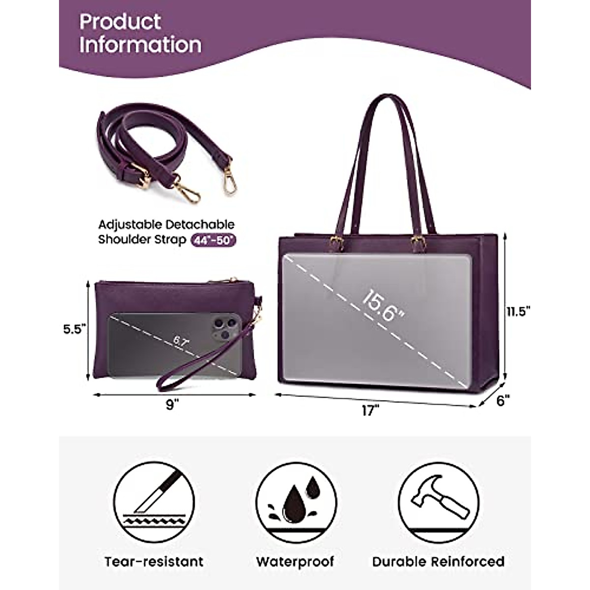 LOVEVOOK 15.6 Inch Laptop Bag for women, Large Waterproof PU Leather Work Briefcase with USB Charging Port Casual Computer Shoulder Bag Messenger, Fashion Business Office Tote Handbag Purse, Purple