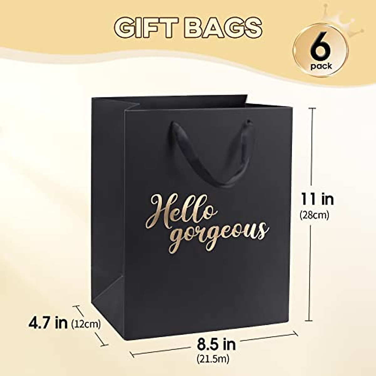 JIASHUYEYE 11" Black Gift Bag with Tissue Paper for Birthday, Wedding, Bridal Shower, Any Occasion - 6 Pack