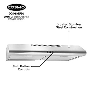 COSMO COS-5MU30 30 in. Under Cabinet Range Hood Ductless Convertible Duct, Slim Kitchen Stove Vent with, 3 Speed Exhaust Fan, Reusable Filter and LED Lights in Stainless Steel, 30 inch