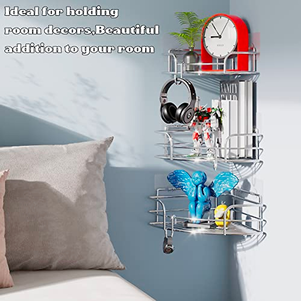 3 Pack Corner Shower Caddy: Stainless Steel No-drilling Bathroom Organizer for All 90° Corners- Installed in Minutes, Heavy Duty Shower Shelves for Storage- 6 Metal Hooks with Caps, 2 Extra Adhesives