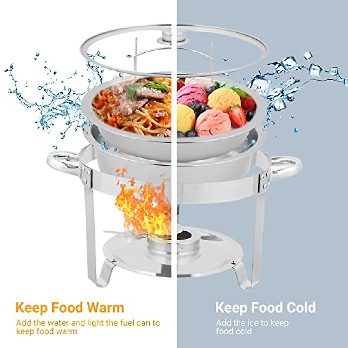 ROVSUN 5Qt 4 Pack Chafing Dish Buffet Set, Stainless Steel Round Chafers for Catering, Buffet Servers and Warmers Set with Glass Lid & Lid Holder, Thick Stand Frame for Wedding Party Banquet Event