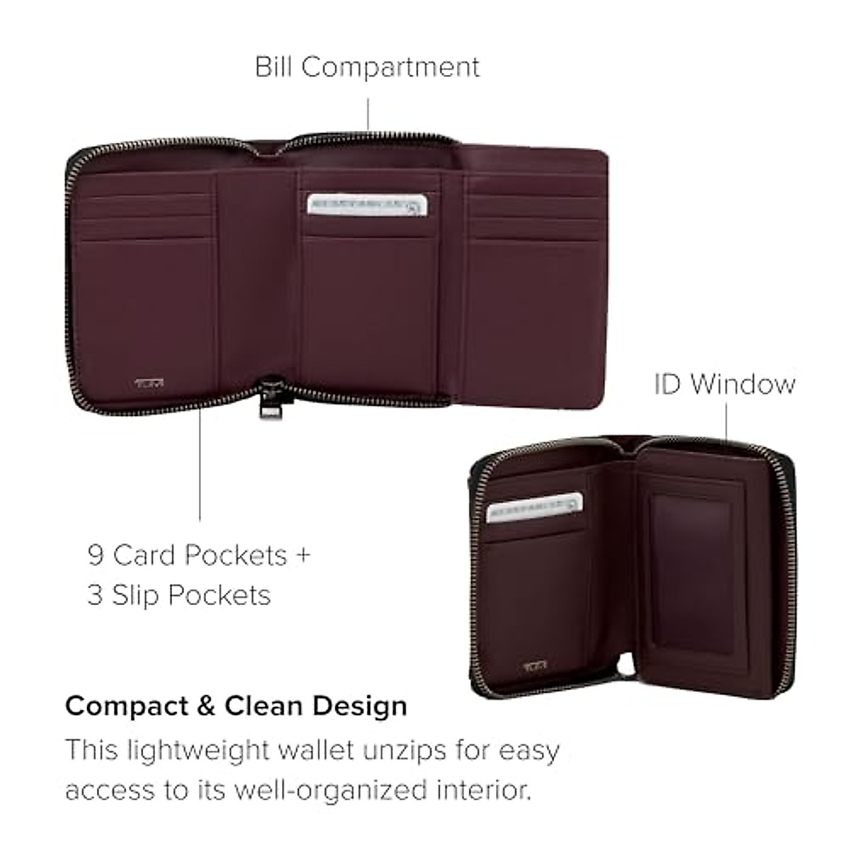TUMI - Voyageur Tri-Fold Zip-Around - Aesthetic Women's Zipper Wallet with Cash/Card Holders - Travel Wallet - With Gift Box - Deep Plum