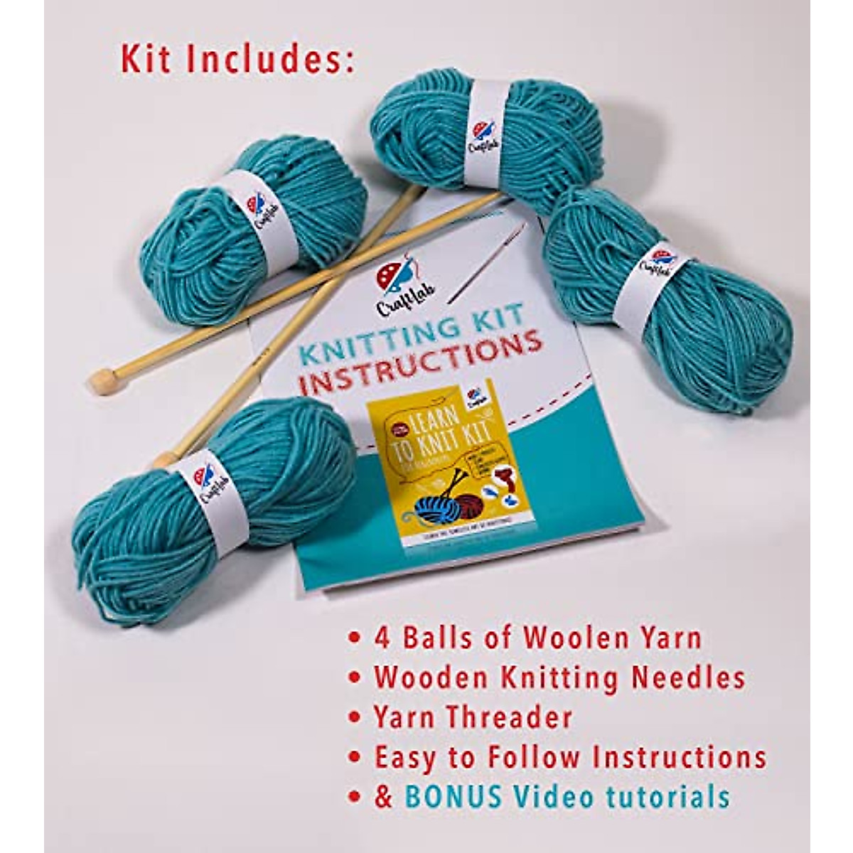 CraftLab Knitting Kit for Beginners, Kids and Adults Includes All Knitting Supplies: Wool Yarn, Wooden Knitting Needles, Yarn Needle and Instructions – Fantastic Gift