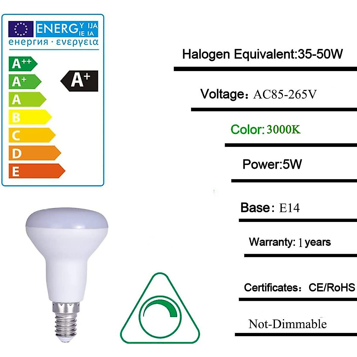 Edearkar R50 LED Light Bulbs 5W (45W Incandescent Bulb) 3000K R50 Long Neck LED Bulbs Reflector E14 Base 120 Degree Beam Angle Wide Flood Light for Home, School, Store, Pack of 4