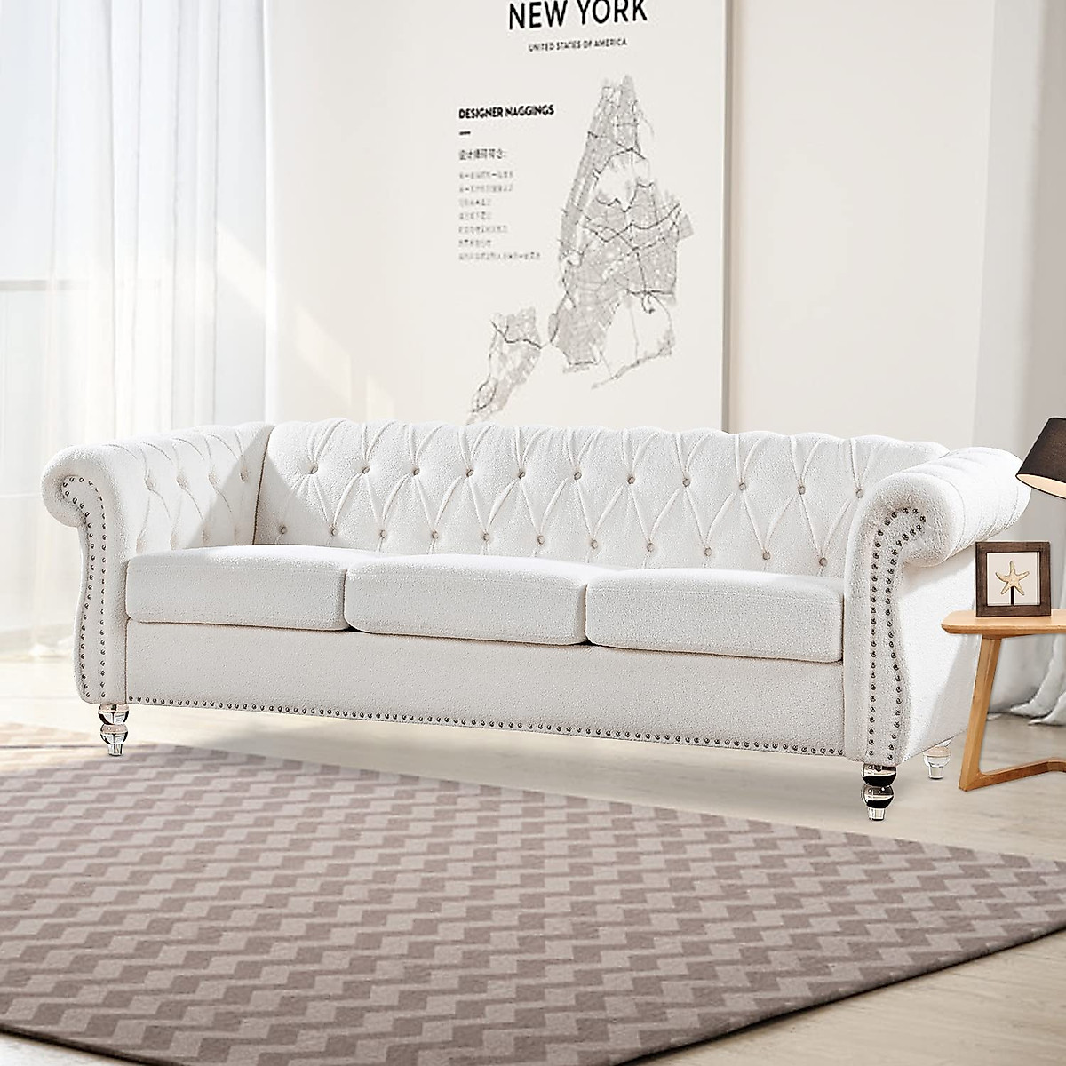 Vaztrlus White Velvet Couches for Living Room 3-Seater Chesterfield Sofa Tufted Sofa Furniture Couch Nailhead Upholstered Couches Minimalis Light Luxury Easy to Assemble