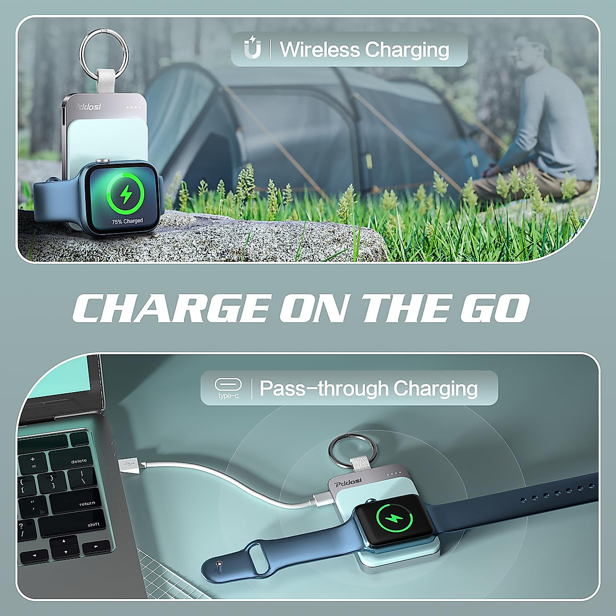 Pddosi Portable Wireless Charger for Apple Watch, 1500mAh Magnetic iWatch Charger Travel, Portable Watch Charger Keychain Power Bank for iWatch Series 9/8/7/6/5/4/3/2/SE/Ultra, Men Women Gift (Green)