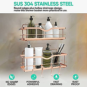 BABYLION1 Rose Gold Bathroom Organizer Shelf – 2 Pack Shower Caddy Baskets with 4 movable Hooks – Rustproof Stainless Steel Strong Adhesive Cute Storage Decor Rack for Inside Shower, Kitchen