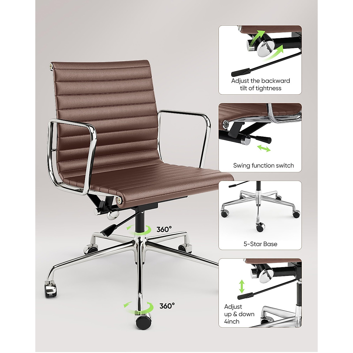 Ribbed Office Chair, Mid Back Top Black Grain Leather Desk Chair, Swivel Chair Adjustable Ergonomic Computer Desk Chair with Aluminium Alloy Frame and Silent Nylon Wheels