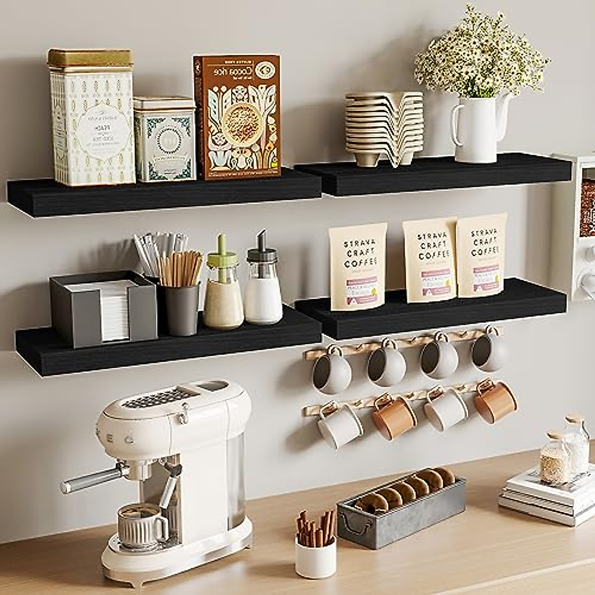Fixwal 15.8in Floating Shelves, Rustic Wood Finish Wall Shelves Set of 4, Shelves for Wall Decor, with Invisible Brackets for Bathroom, Living Room,Bedroom and Kitchen(Black)