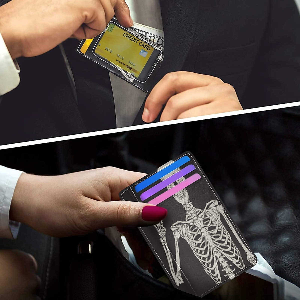 Linomo Thin leather Card Holder and Money Clip Funny Skeleton Wallet RFID Blocking for Men & Women