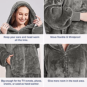 BOBOR Sweatshirt Blanket, Oversized Wearable Hoodie Fleece Blanket with Large Front Pocket for Adults, Men, Women, and Kids, Super Soft Fuzzy Warm Comfortable Flannel Blanket（Light Gray）