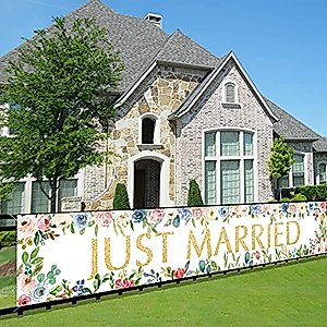 Just Married Banner Backdrop Decorations, Wedding Engagement Party Photo Booth Props Porch Sign Supplies, Bridal Shower Décor for Outdoor Indoor (9.8x1.6ft)