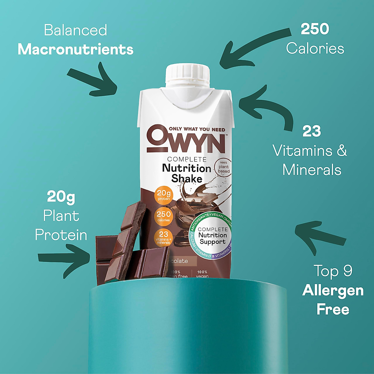 OWYN Plant-Based Complete Nutrition Protein Shake, Chocolate, 20g plant based protein, 23 Vitamins Minerals, Vegan Nutritional Shake, Gluten, Soy, and Tree Nut-Free (Chocolate, 12 pack)