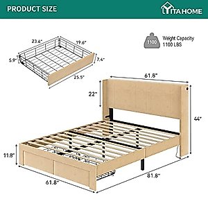 YITAHOME Queen Size Bed Frame, Platform Bed Frame with Storage Drawers, Upholstered Bed Frame with Headboard Built-in 2 USB Charging Stations and Strong Wood Slats Support, No Box Spring Needed, Beige