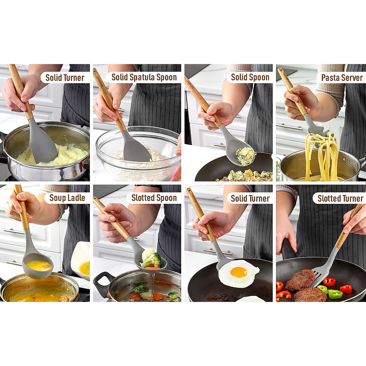 Zulay (8 Piece) Silicone Kitchen Utensils Set For Cooking - Non-Stick Silicone Cooking Utensils Set With Acacia Wood Handle - Heat Resistant Spatula Set - Flexible Silicone Kitchen Set