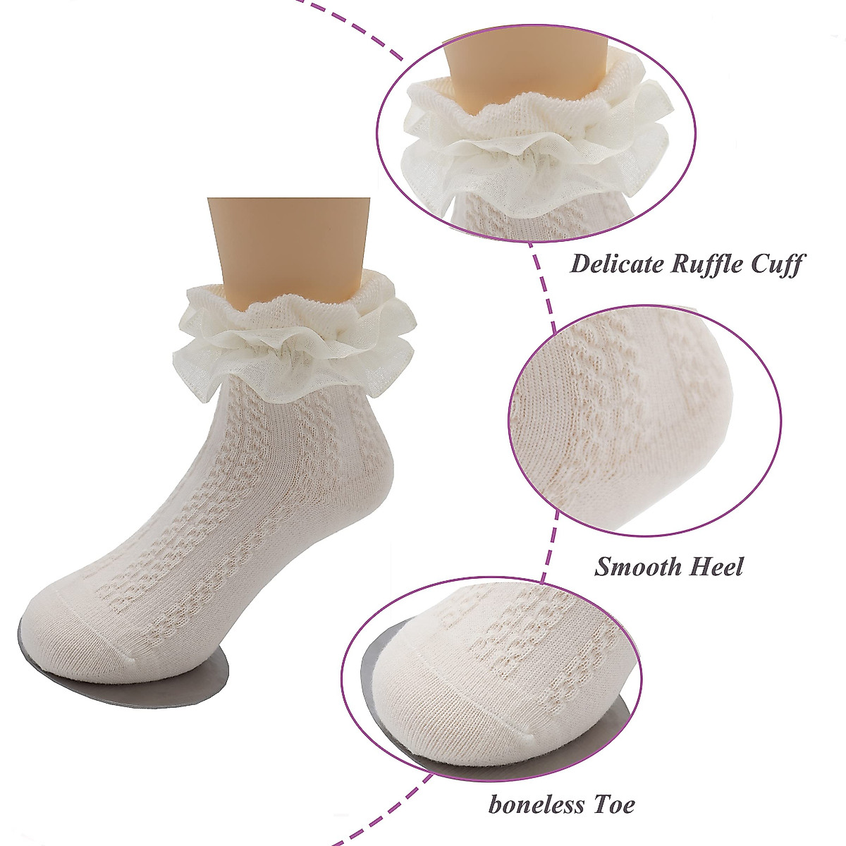Xiyadun Little Girls Ruffle Lace Trim Cotton Socks Toddler Baby Girl Eyelet Frilly Dress Socks(5 Pairs,Assorted Color, 5-8 Years)
