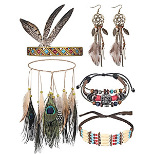 Hicarer 5 Pieces Indian Native American Jewelry Set Includes Feather Headdress Faux Peacock Feather Hair Band Boho Dream Catcher Dangle Earrings Choker Necklace Bracelet for Women Catcher Tassel