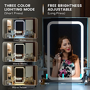 JanflyHome Vanity Desk, 57" Makeup Vanity Desk with Mirror and Lights, White Vanity Set with Charging Station & RGB Cabinets, Vanity Table with Storage Stool, Corner Vanity Desk for Girls Bedroom……