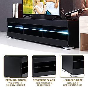 HOMMPA LED TV Stand with LED Lights for 65 inch TV Modern Entertainment Center with Storage 57" Black TV Console with Glass Shelves for Living Room 15" Tall