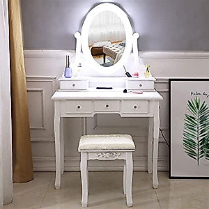 White Lighted Makeup Vanity Set - Makeup Desk with 360° Rotating Oval Mirror and Cushioned Stool - Make-up Vanity Station with Removable Top - Dressing Table with 10 Light Bulbs and 5 Sliding Drawers