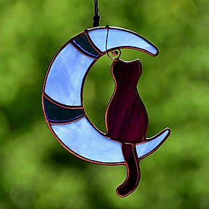 Black Cat Decor On White Moon, Stained Glass Window Hangings, Cat Suncatcher Window Panels Hangings Sun Catcher Ornament Decoration for Wall Home Garden Decor Bird cat, Gift for cat Lovers (Orange)