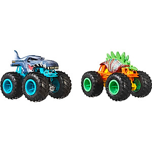 Hot Wheels Monster Trucks 1:64 Scale Dino 2-Pack, Set with Motosaurus & Mega-Wrex, Toy for Kids & Collectors