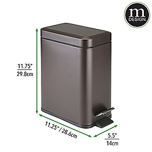 mDesign Small Modern 1.3 Gallon Rectangle Metal Lidded Step Trash Can, Compact Garbage Bin with Removable Liner Bucket and Handle for Bathroom, Kitchen, Craft Room, Office, Garage - Bronze