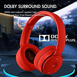 BRNEWO Wireless Bluetooth Headphones Over Ear, Hi-Fi Stereo Foldable Wired/Wireless/TF for Travel/Adult/Kids/Teen, 25 Hours Playtime(Red)