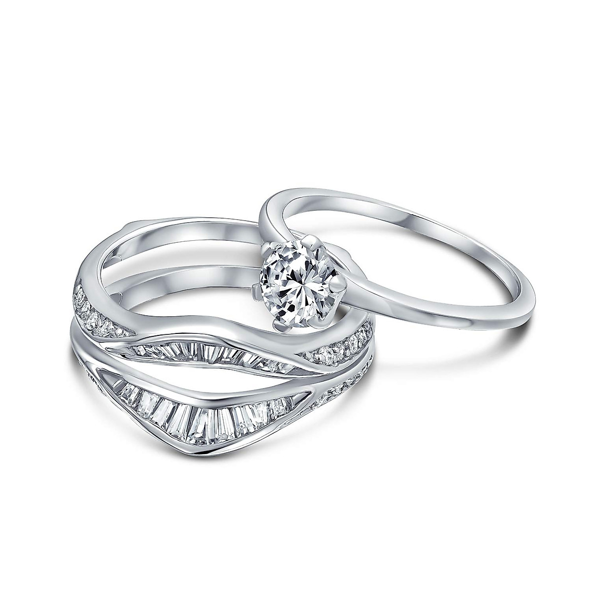 Bling Jewelry 1.5 CT Cubic Zirconia Enhancer Guard Inset Round Solitaire AAA CZ Baguette Band Inset Anniversary Statement Engagement Ring Wedding Set .925 Sterling Silver