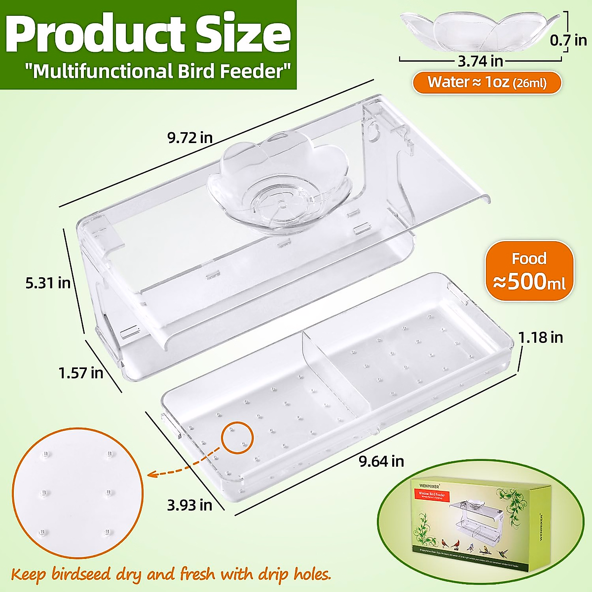 WENMIXER Window Bird Feeder with Non-Marking Self-Adhesive Hooks, Clear Window Bird Feeder for Outside, Transparent Bird House, Outdoor Bird Feeders, Wild Bird Watching Gift, Garden Decor