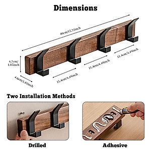 RVXHUA 15.7'' Wall Mounted Coat Rack with 4 Hooks - Solid Walnut Wood Towel Rack for Bathroom, Entryway Hat Hanger, Space-Saving Farmhouse Decor for Mudroom, Bedroom, Kitchen, Closet