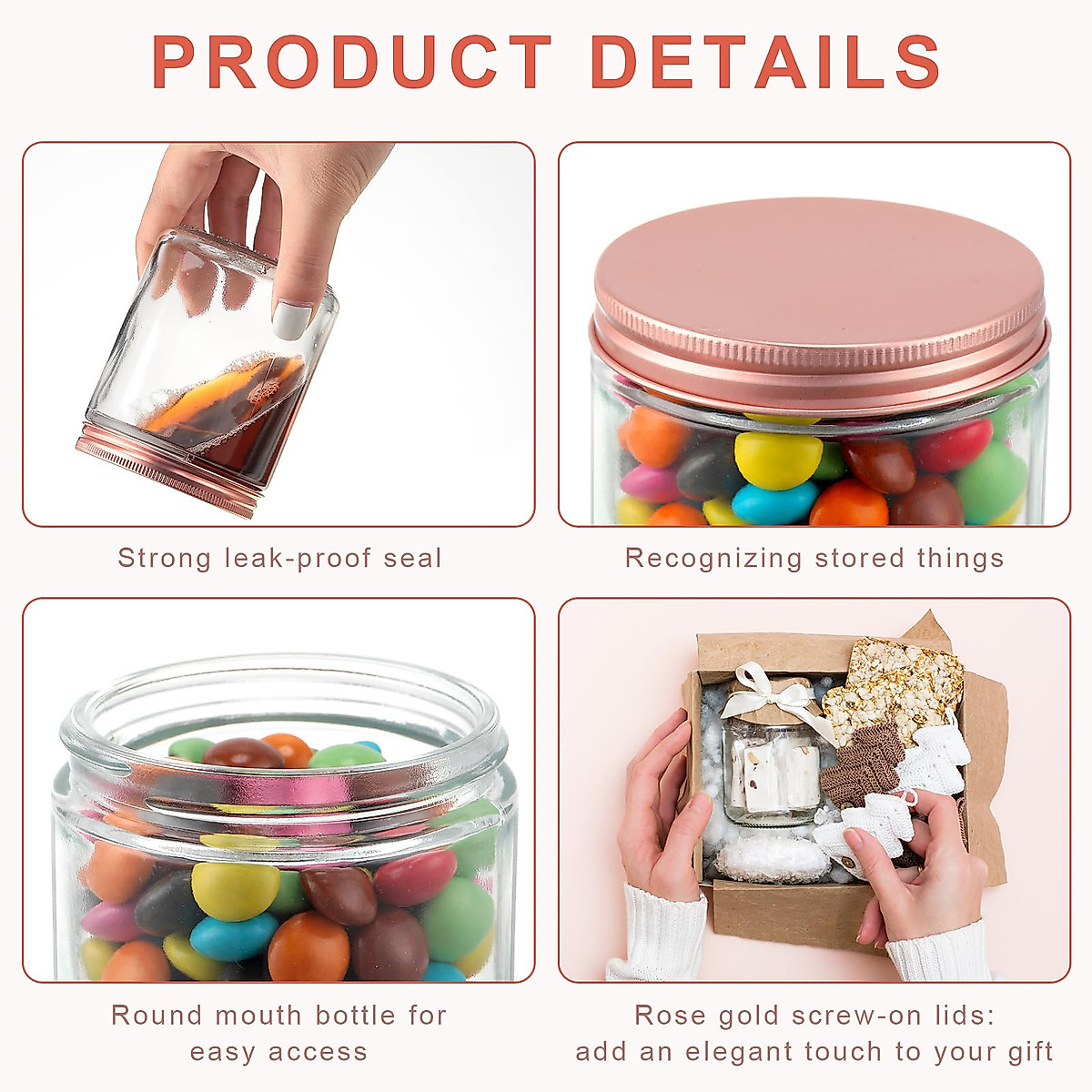 Tioncy 12 Pcs 8 oz 250 ml Thick Glass Jars with Metal Lids, Clear Candle Making Jars with Rose Gold Lids Empty Food Storage Containers Mason Canning Jar for Spice Powder Liquid Honey Cosmetic