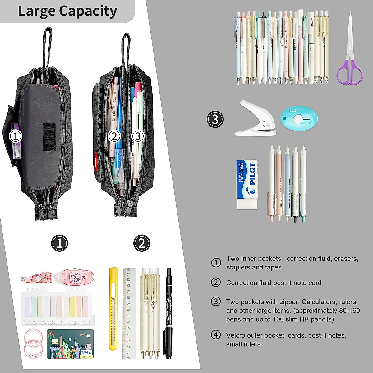 Pencil Case with Two Large Compartment Pockets Large Capacity Pencil Pouch Pencil Pouch Cosmetic Bag School Supplies Office Stationery Storage Gift for Students Girls Boys Adults Teenagers-Black