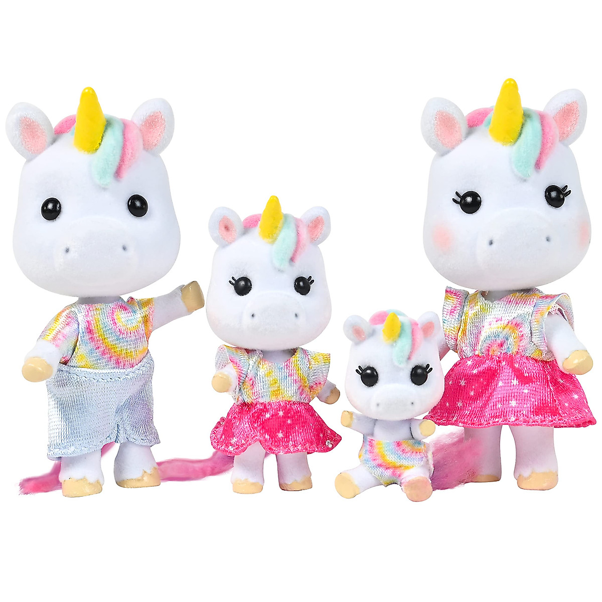 Sunny Days Entertainment Honey Bee Acres Rainbow Ridge Daydreamers Unicorn Family – 4 Miniature Flocked Dolls | Small Fantasy Collectible Figures | Pretend Play Toys for Kids