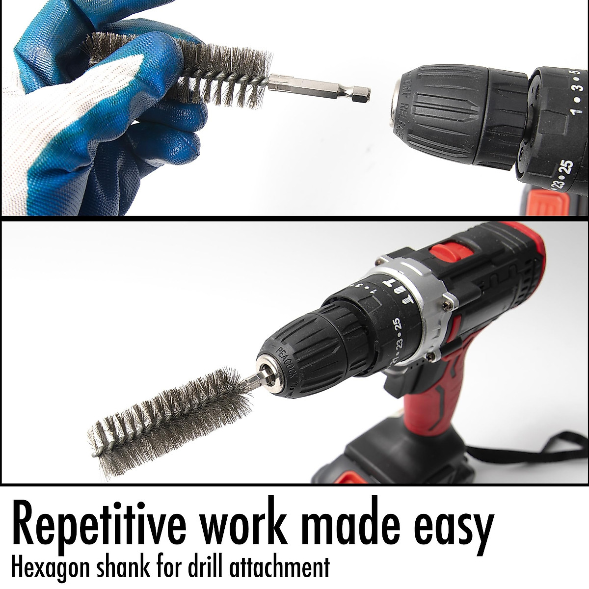 Vouyar 6pcs Copper Tube Pipe Cleaner for Fittings, 1/2” 3/4” 1” Pipe Cleaning Brush Set, Stainless Steel Wire Bore Brushes for Power Drill, 1/4 Inch Hex Shank