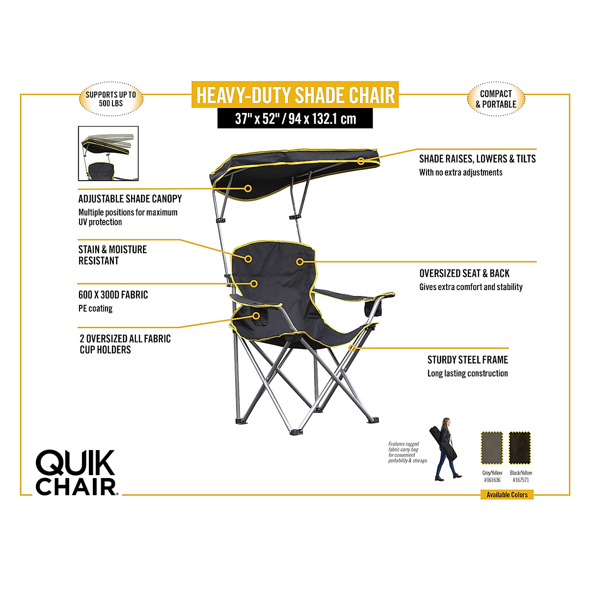 Quik Shade Extra Wide Folding Camp Chair with Tilt UV Sun Protection Canopy, Black