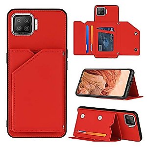 NVWA Compatible with Oppo F17 Phone Case, Red Back Phone Cover Leather Wallet Magnetic Closure Credit Card Slot Holder Kickstand Heavy Duty Protection Without Wrist Strap Shockproof Protective