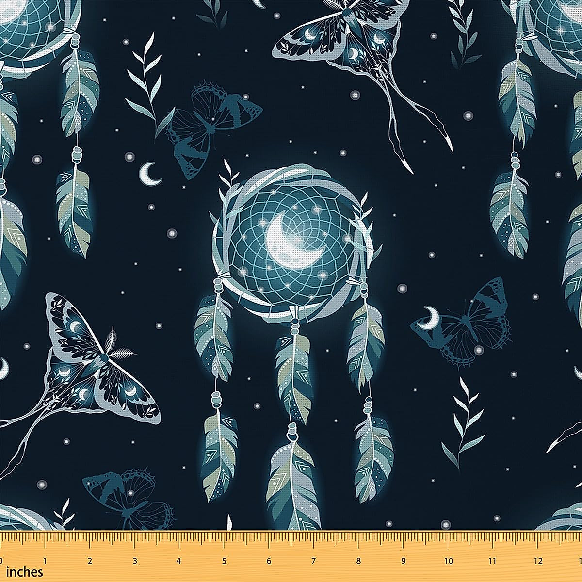 Dream Catcher Moon Fabric by The Yard,Boho Style Moth Butterfly Decorative Fabric,Dark Night Mystery Starry Sky Quilting Supplies for Sewing,Western Farmhouse Style DIY Crafts,3 Yards