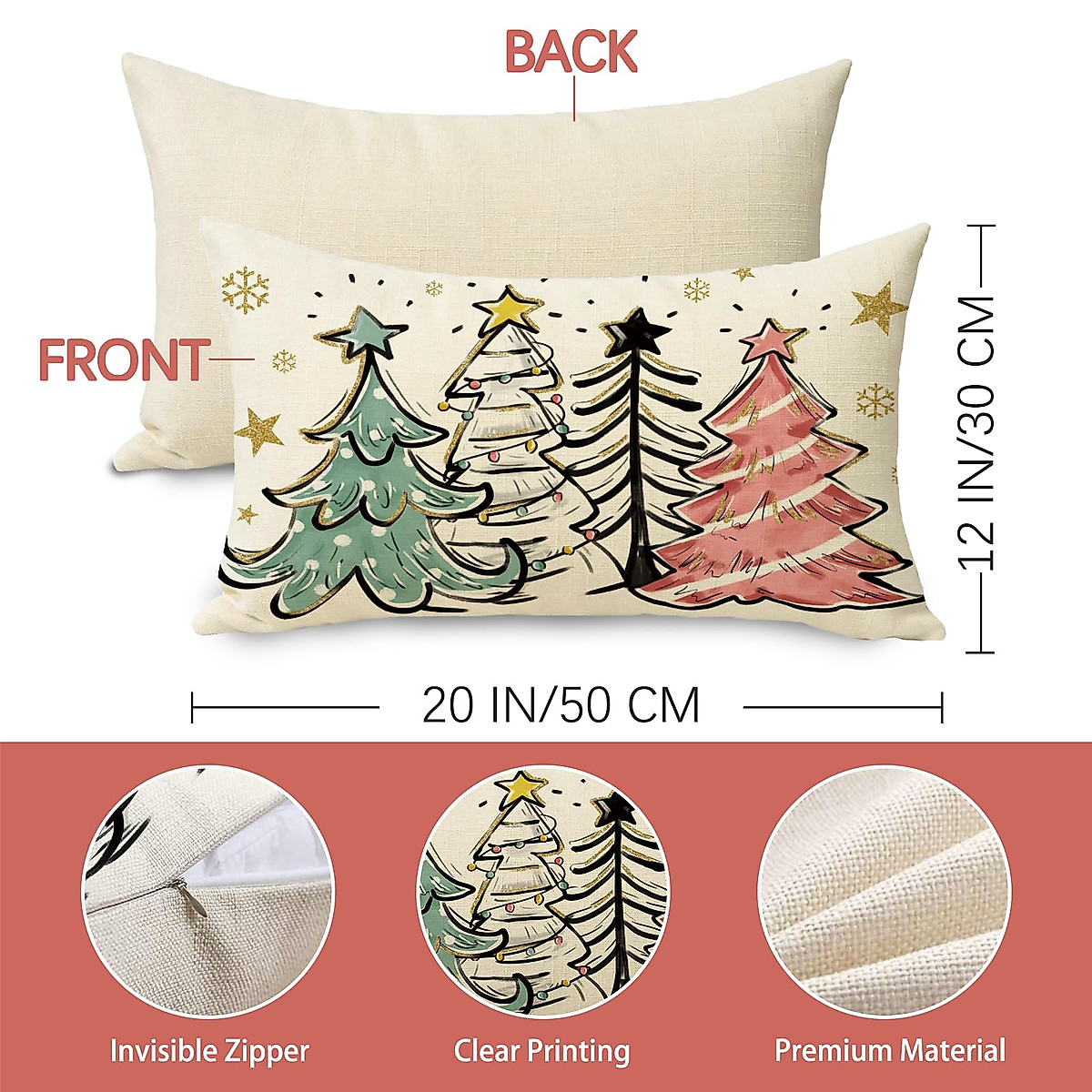 Fjfz Christmas Tree Lumbar Decorative Throw Pillow Cover 12 x 20, Rectangular Pink Green Xmas Polka Dot Stripe Snowflake Outdoor Home Decor, Golden Stars Winter Holiday Seasonal Farmhouse Cushion Case